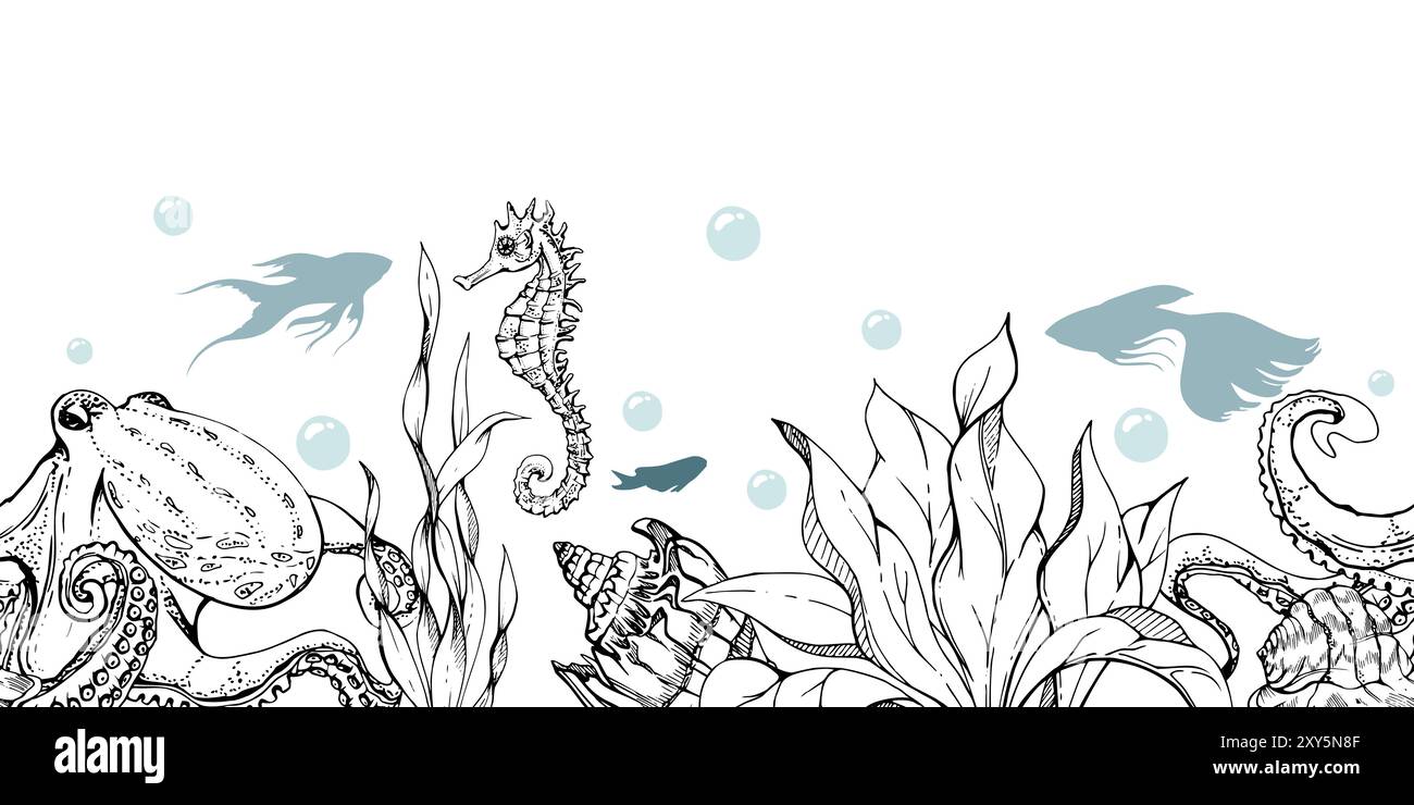 Marine life, sea ocean underwater creatures fish, shells algae seaweed ...