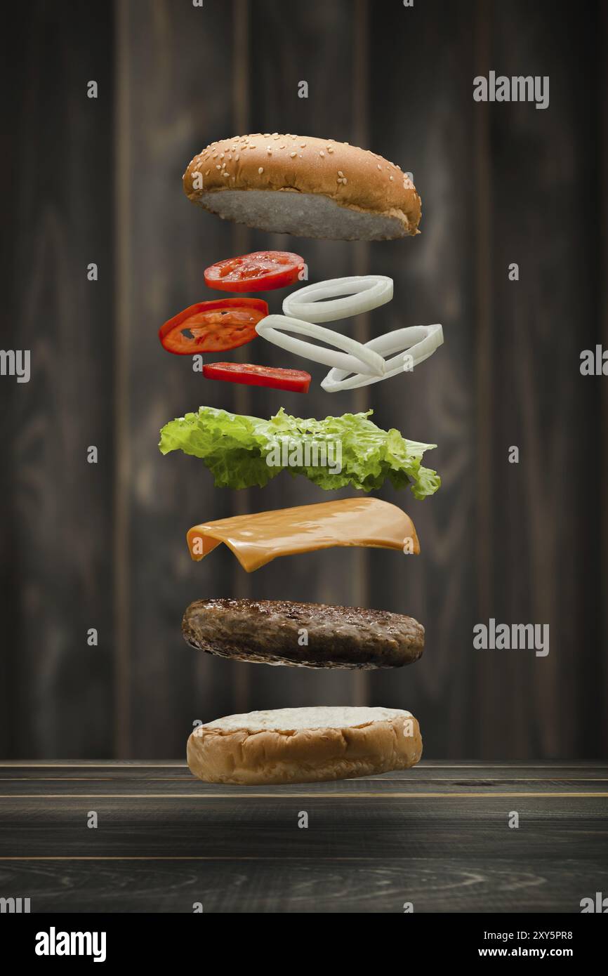 Tasty grilled beef Burger food Floating, food flying style Stock Photo ...