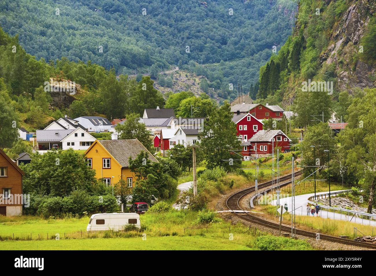 Norwegian fjord village landscape near Flam, Norway and Myrdal flamsbana railway Stock Photo - Alamy