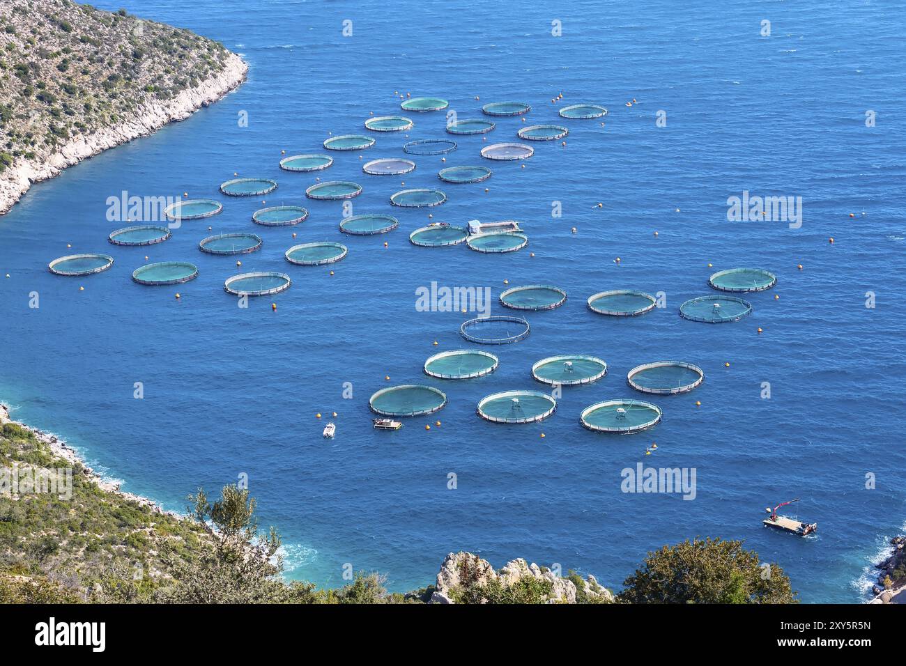 Fish sea farm with floating circle cages and coastline in Greece ...