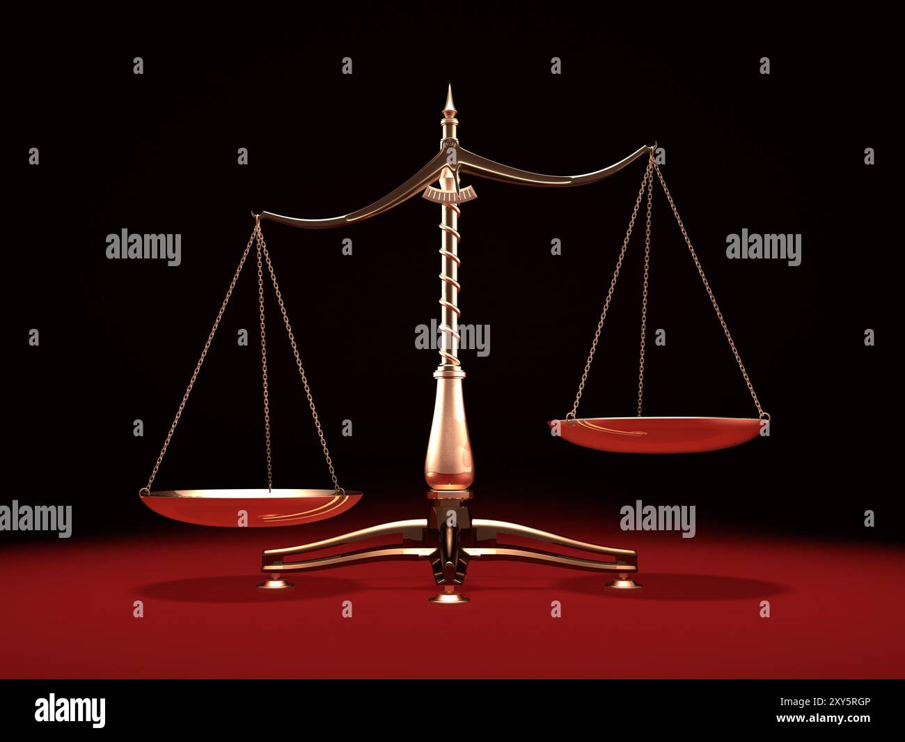 Biased brass weight scales Law and Justice symbol Isolated on black red ...