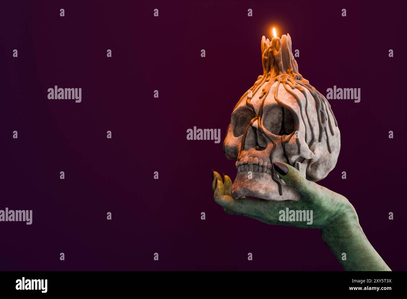 Zombie hand holding a skull with a burning candle on top of it ...