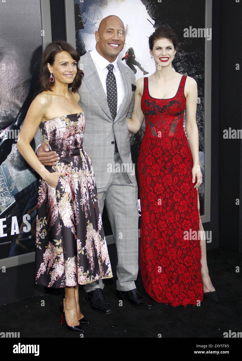 Carla Gugino, Dwayne Johnson and Alexandra Daddario at the Los Angeles premiere of 'San Andreas ...