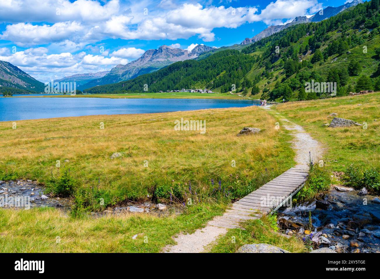 Engadine, Switzerland, Lake Sils Maria, the village of Isola ...