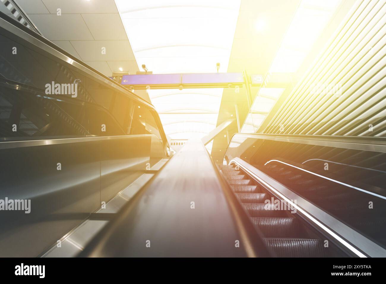 Travelling scene on train station, moving stairway for public transport ...