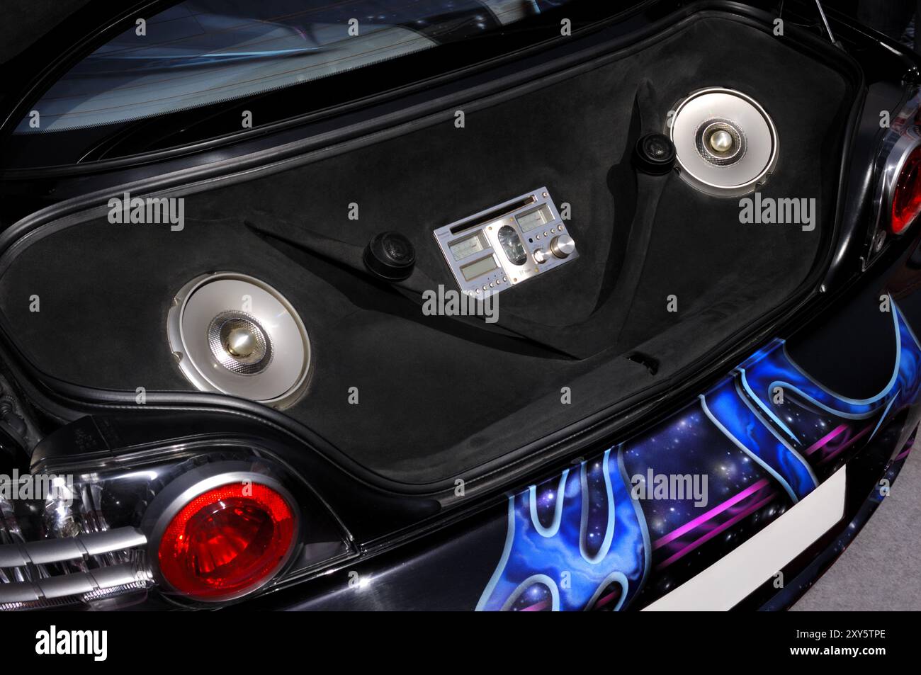 Custom auto audio system in a trunk of a car Stock Photo - Alamy