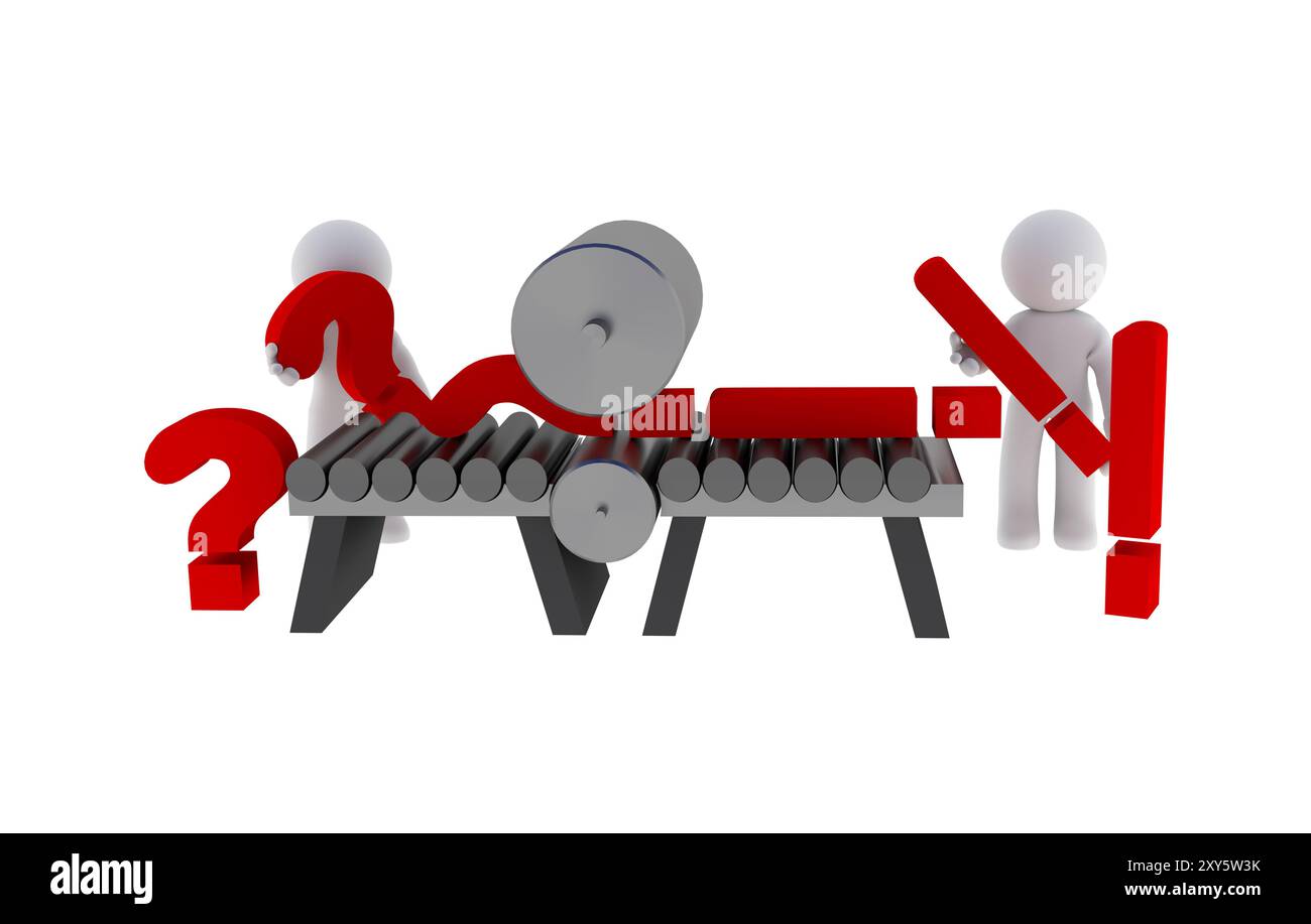 Small character with question marks and exclamation mark, 3d rendering ...