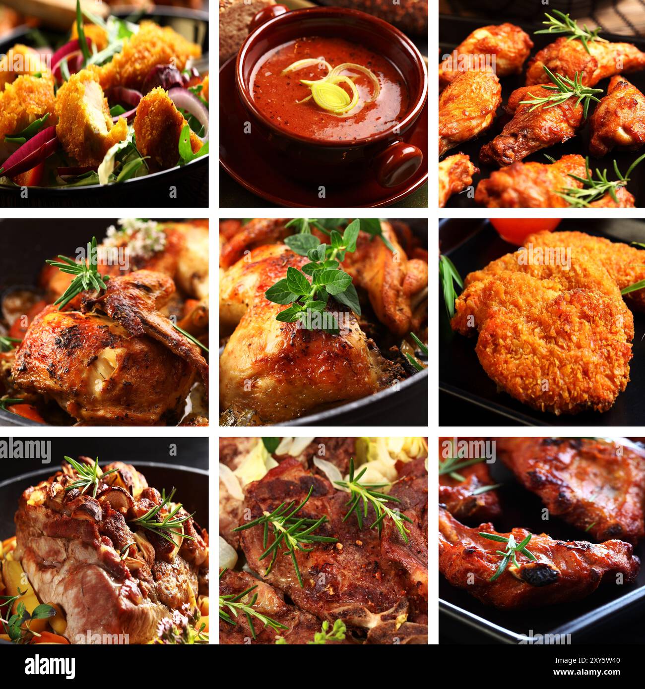 Collection of different meat dishes - soup, schnitzel, BBQ, chicken ...