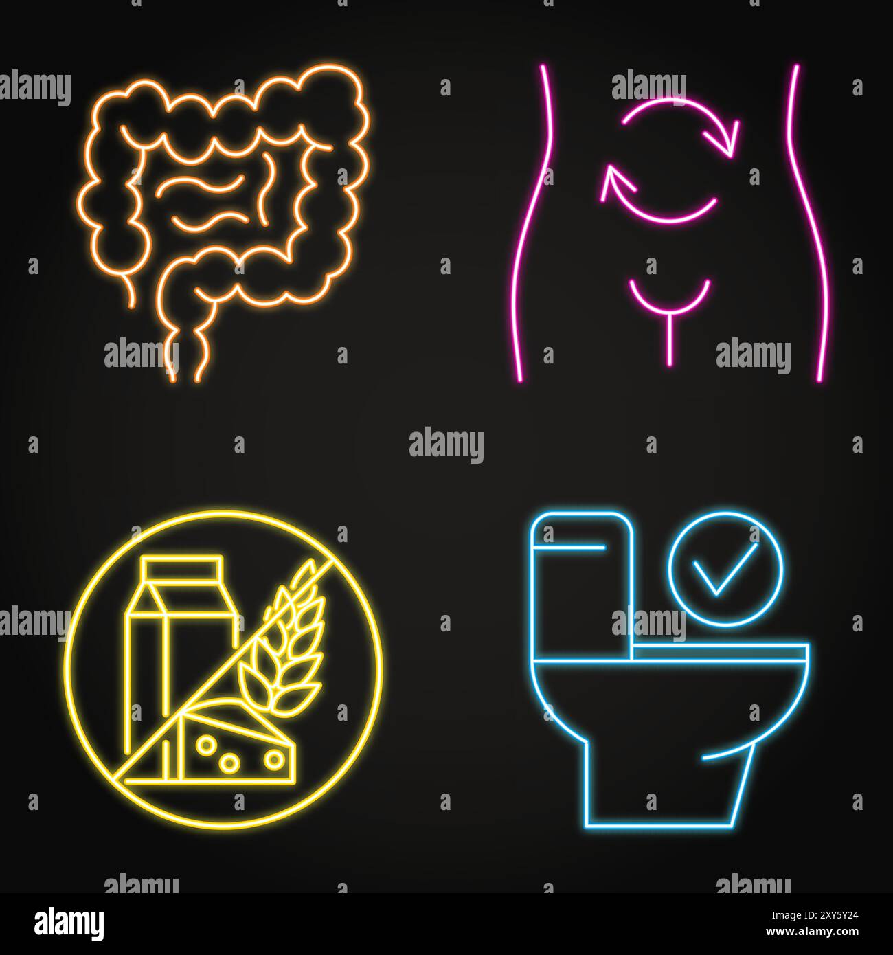 Healthy digestion neon icon set. Human intestine, metabolism, allergens ...