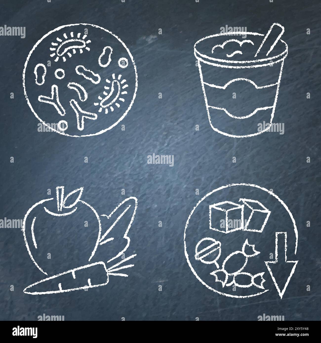 Gut flora, beneficial bacteria chalkboard icon set. Yogurt, low sugar ...