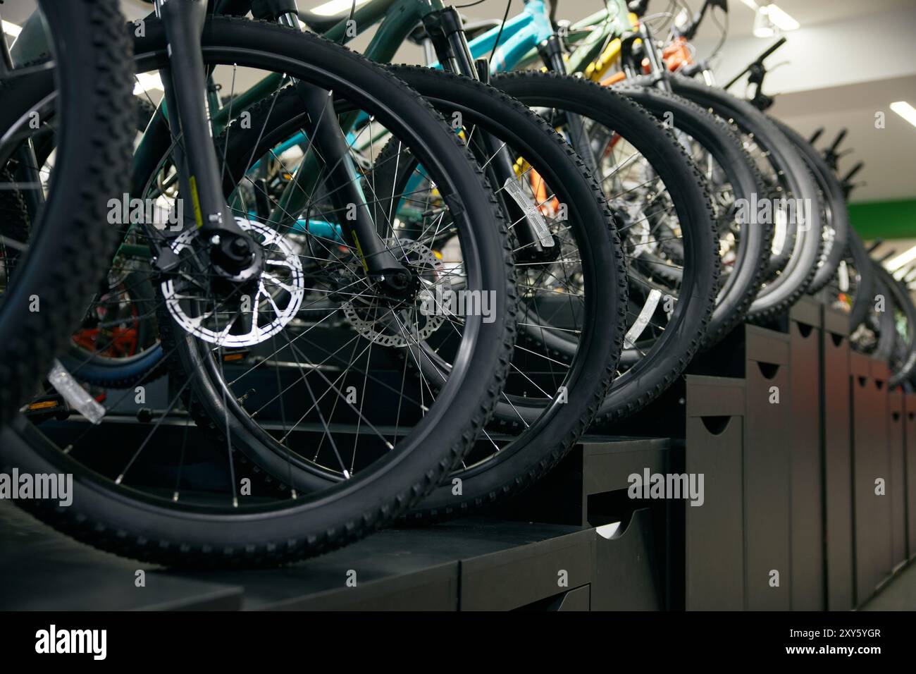 Mountain bike on rack showcase in shop closeup on bicycle wheels Stock ...