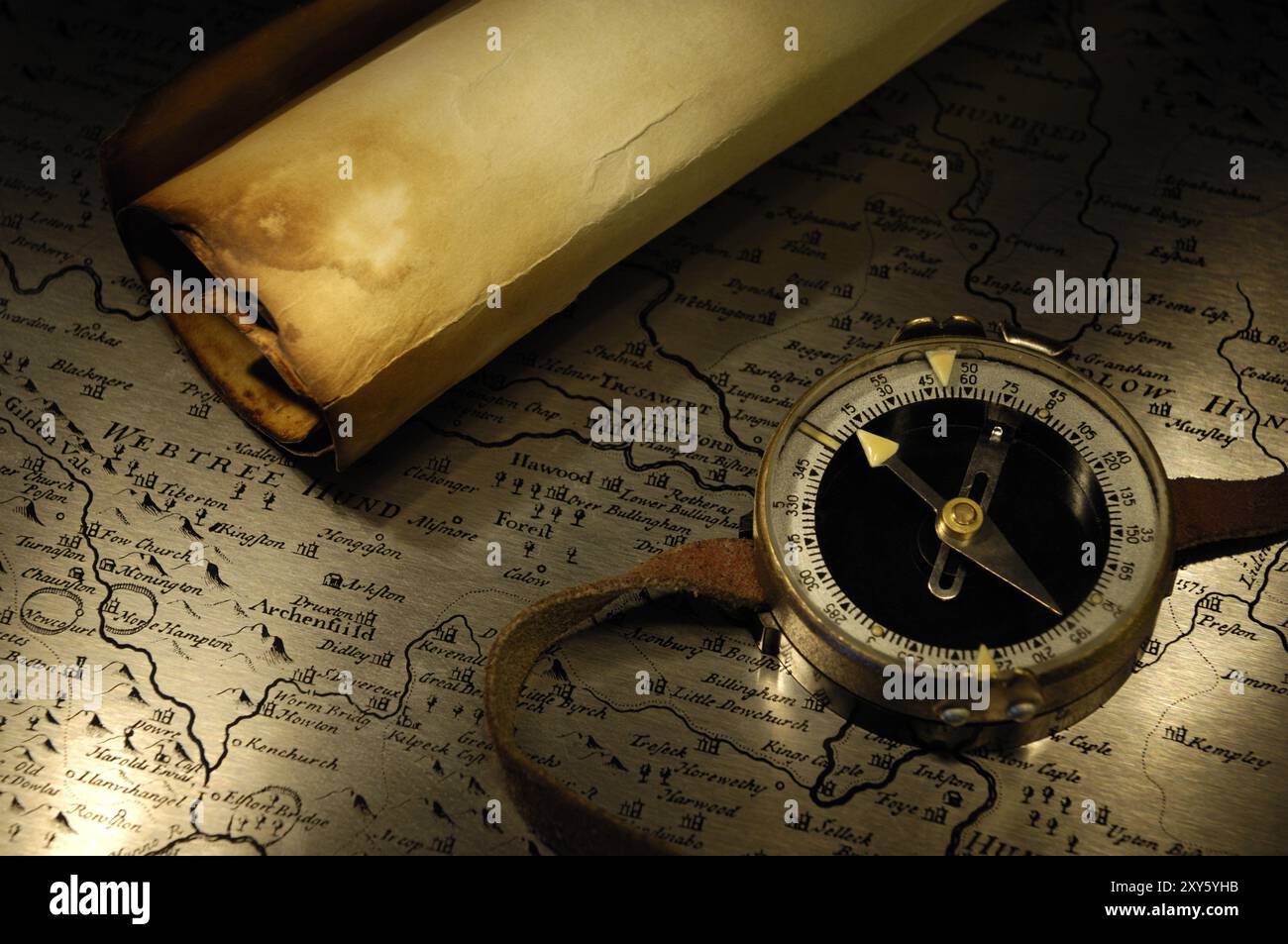 Vintage magnetic compass with illuminating green phosphorus pointer and ...