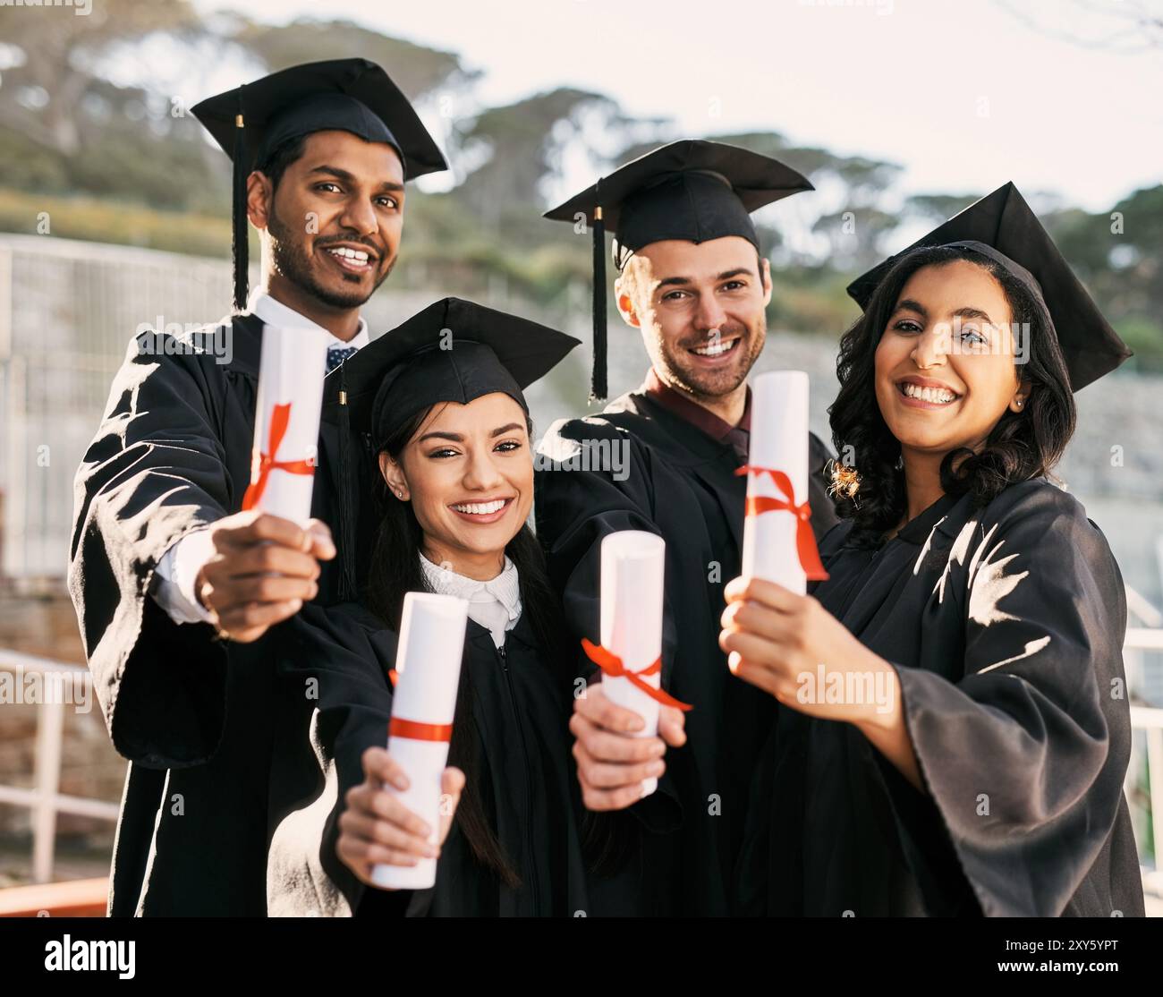 Happy people, portrait and students with certificate for graduation ...