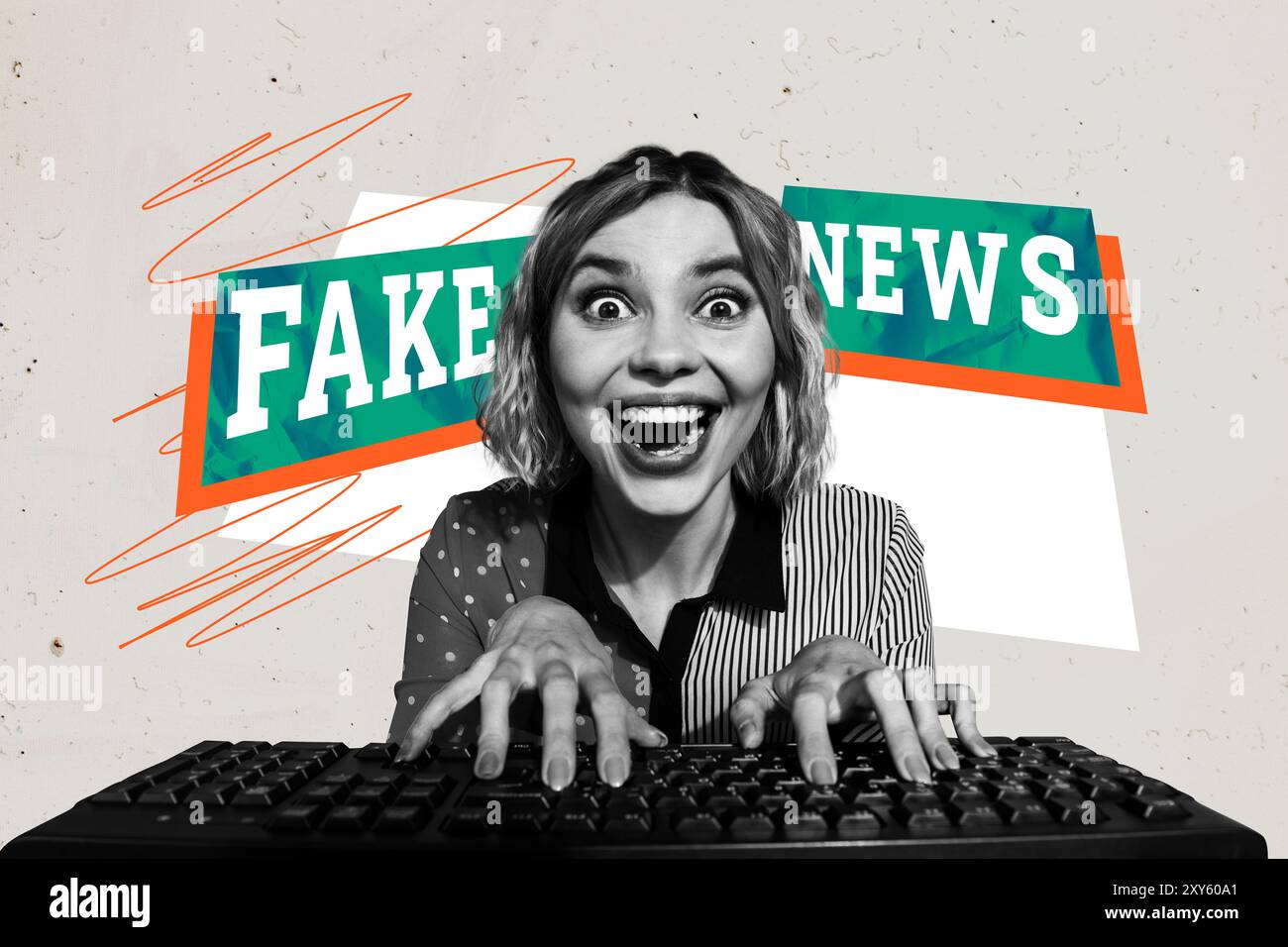 Creative collage picture young woman crazy face keyboard computer ...