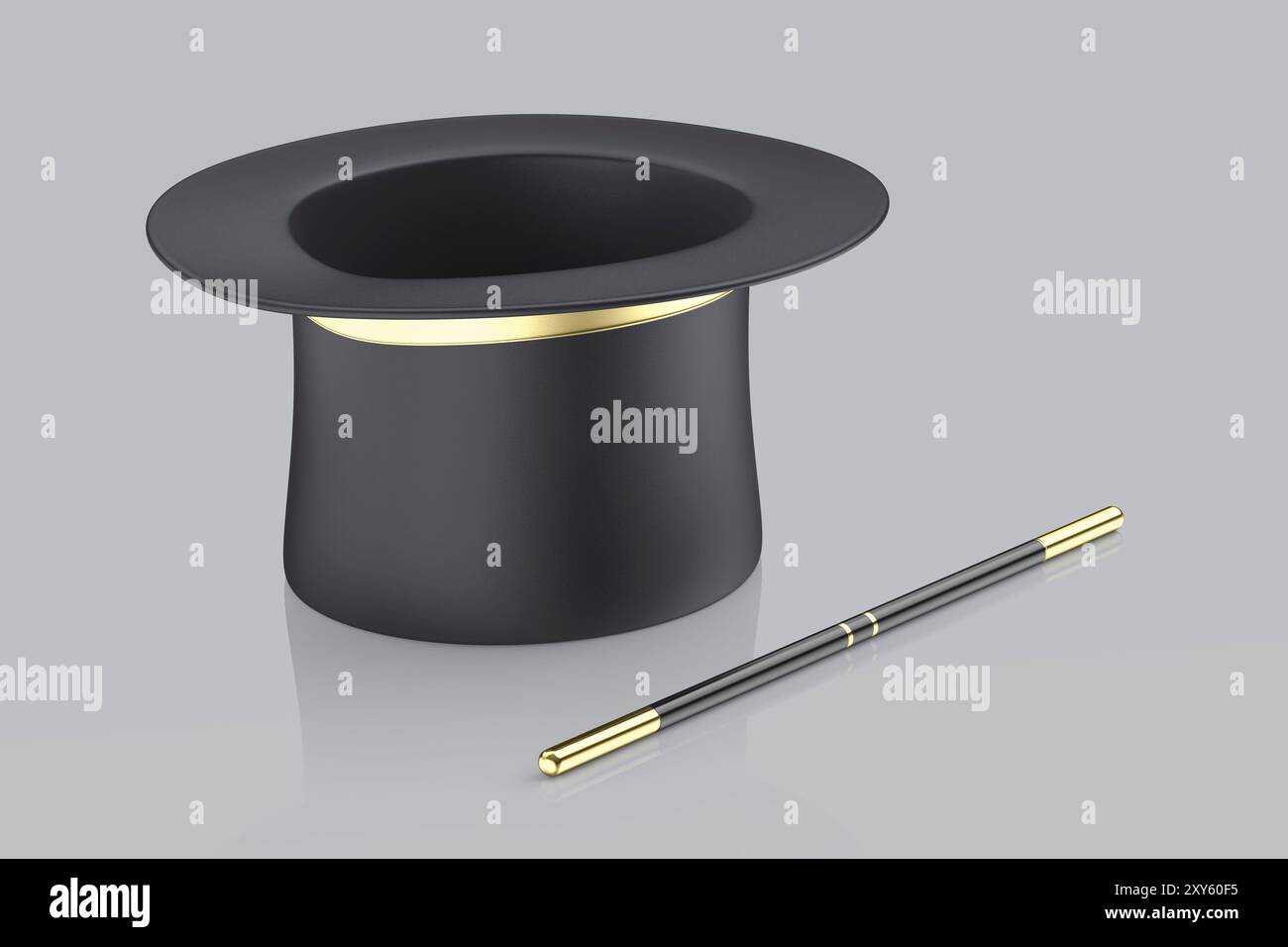 Magician top hat and magic wand on a shiny grey background Stock Photo ...