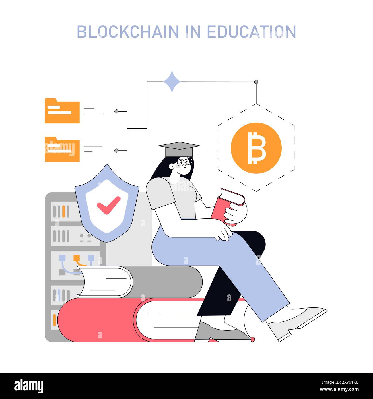 Blockchain in Education concept. A student interacting with cryptocurrency and data security ...