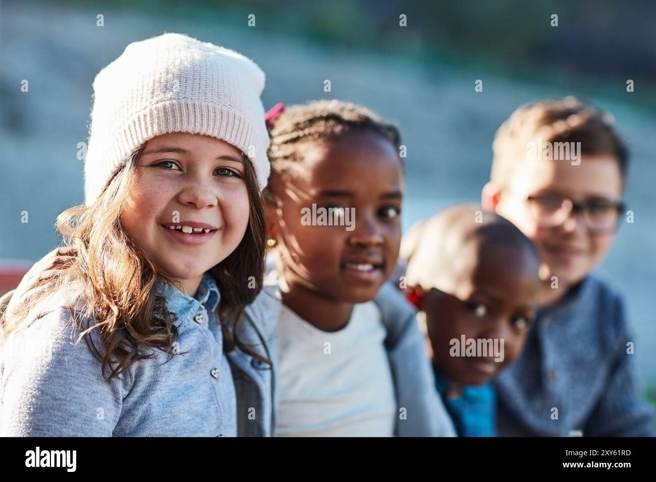 Children, portrait and class at outdoor school, students and break for ...