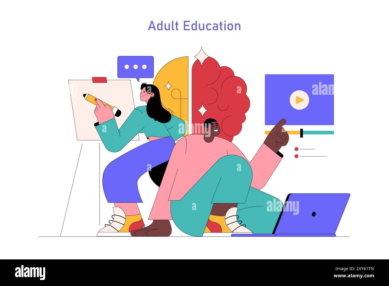 Adult learning concept. Diverse individuals engaged in creative and digital education. Lifelong ...