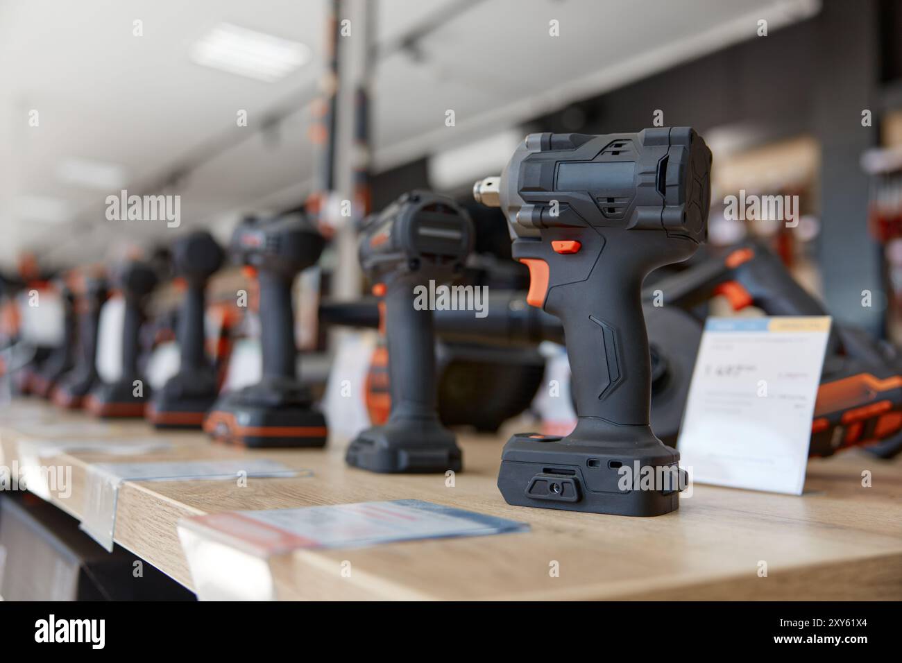 Modern professional impact drill power tool on display at hardware ...
