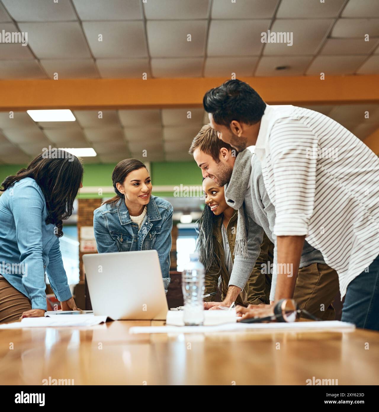 Library, college student and smile with laptop for assignment for ...