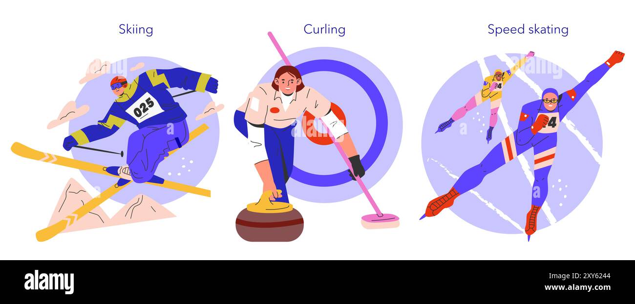 Winter Sports set. Dynamic illustrations of skiing, curling, and speed ...