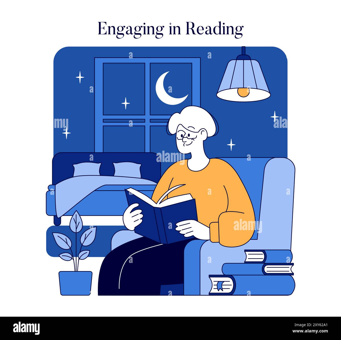 Nighttime reading session illustration. A person relaxes with a book in ...
