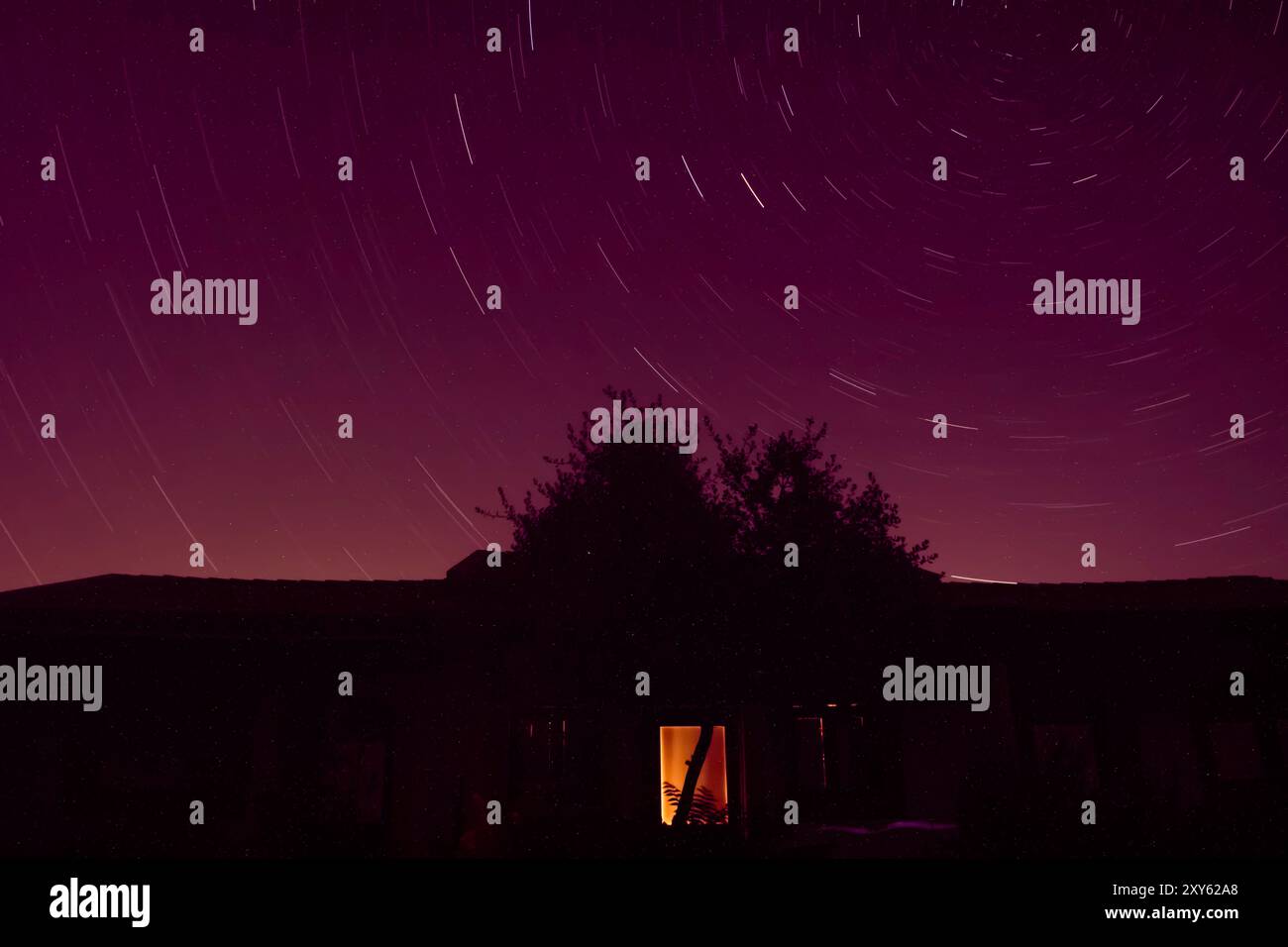 Star trails in the night sky over an old house and tree in the ...