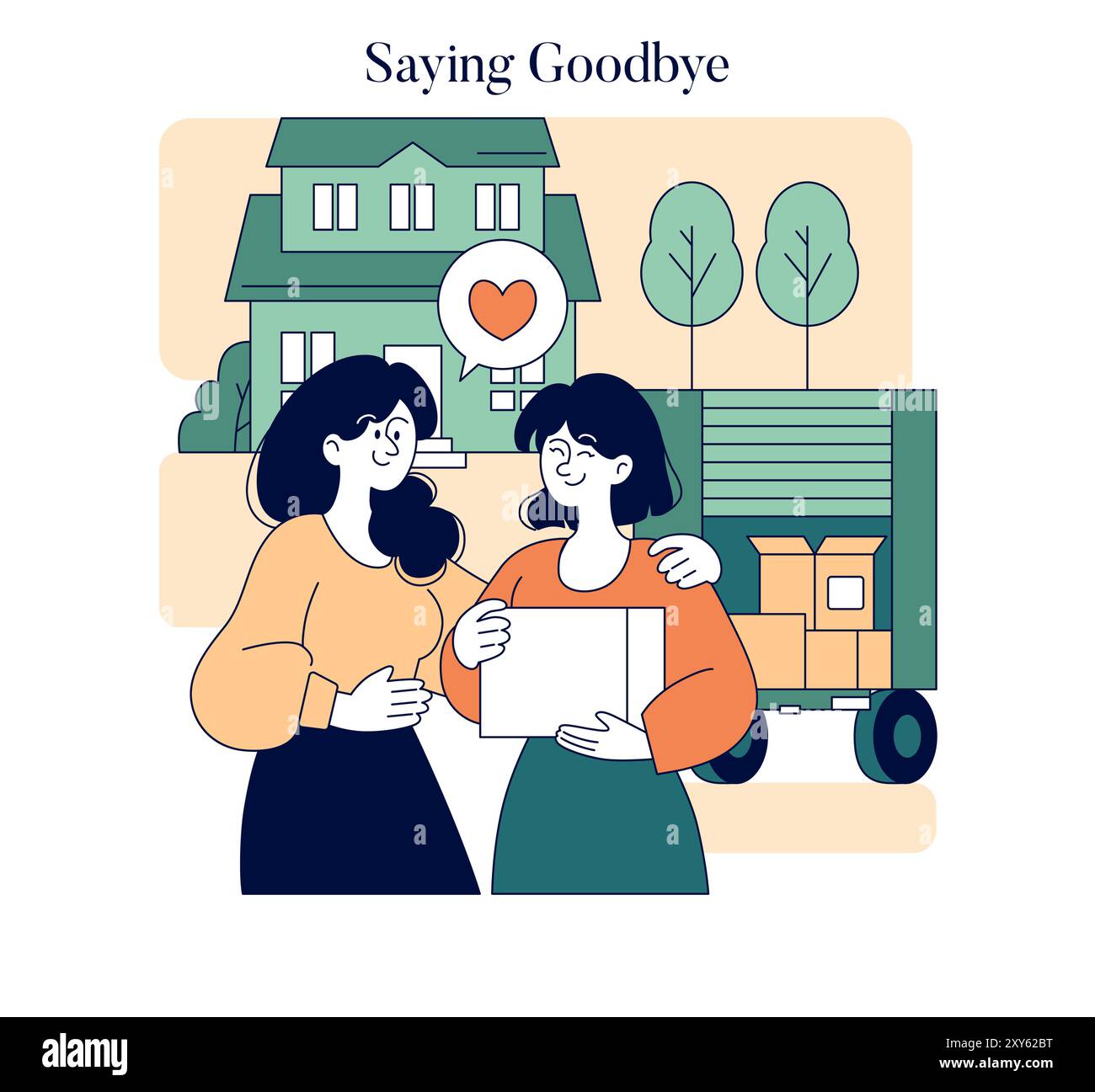 Moving Out concept. Two friends share a moment of farewell in front of ...