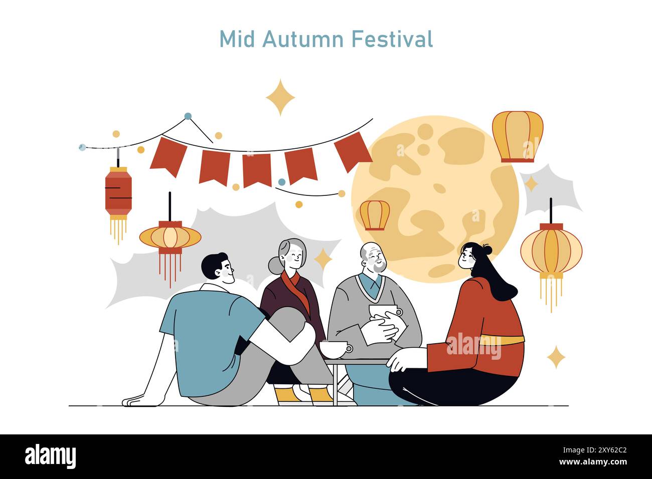 Mid Autumn Festival concept. Family enjoying mooncakes against a ...