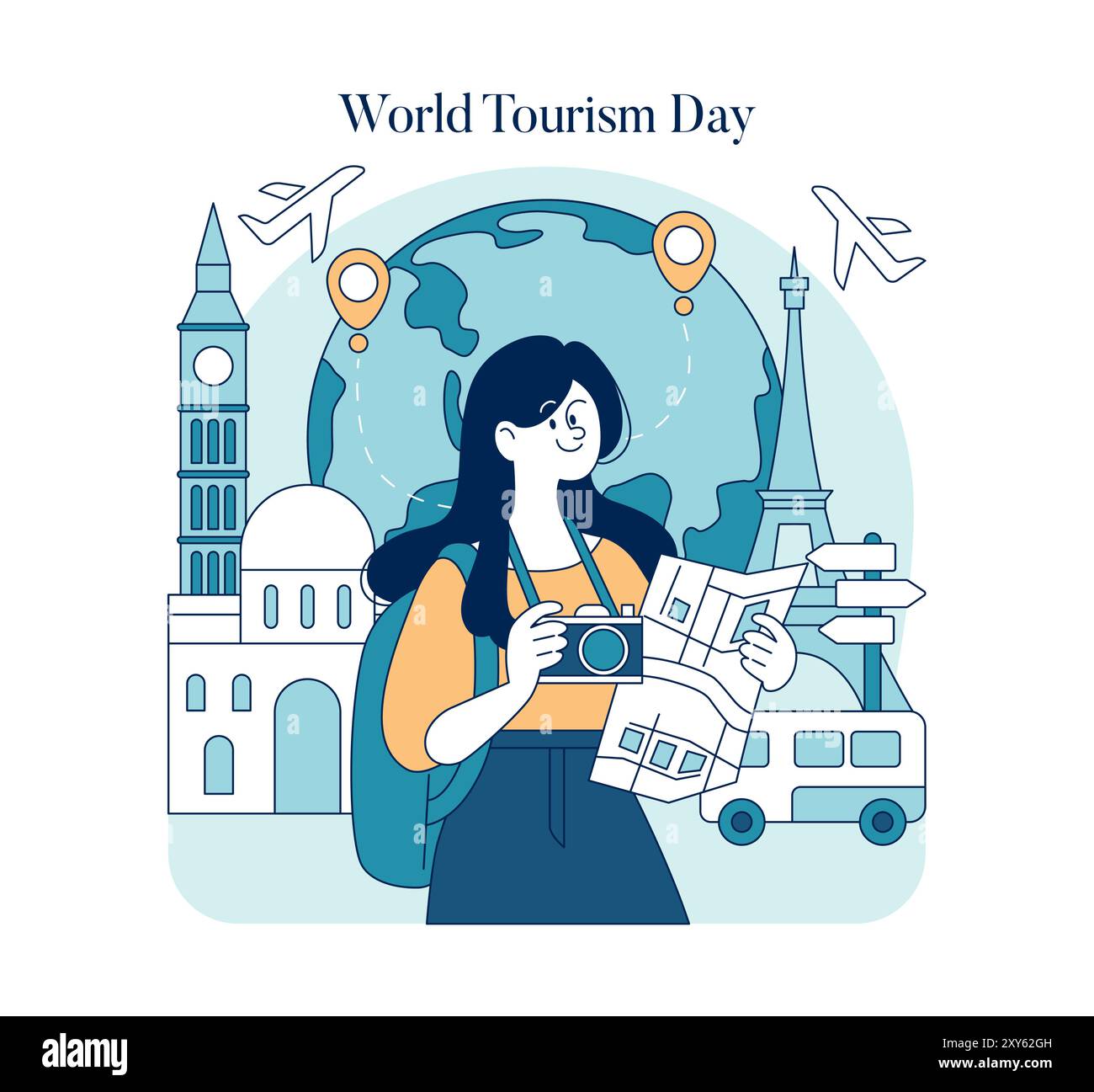 World Tourism Day concept. A traveler explores global landmarks ...