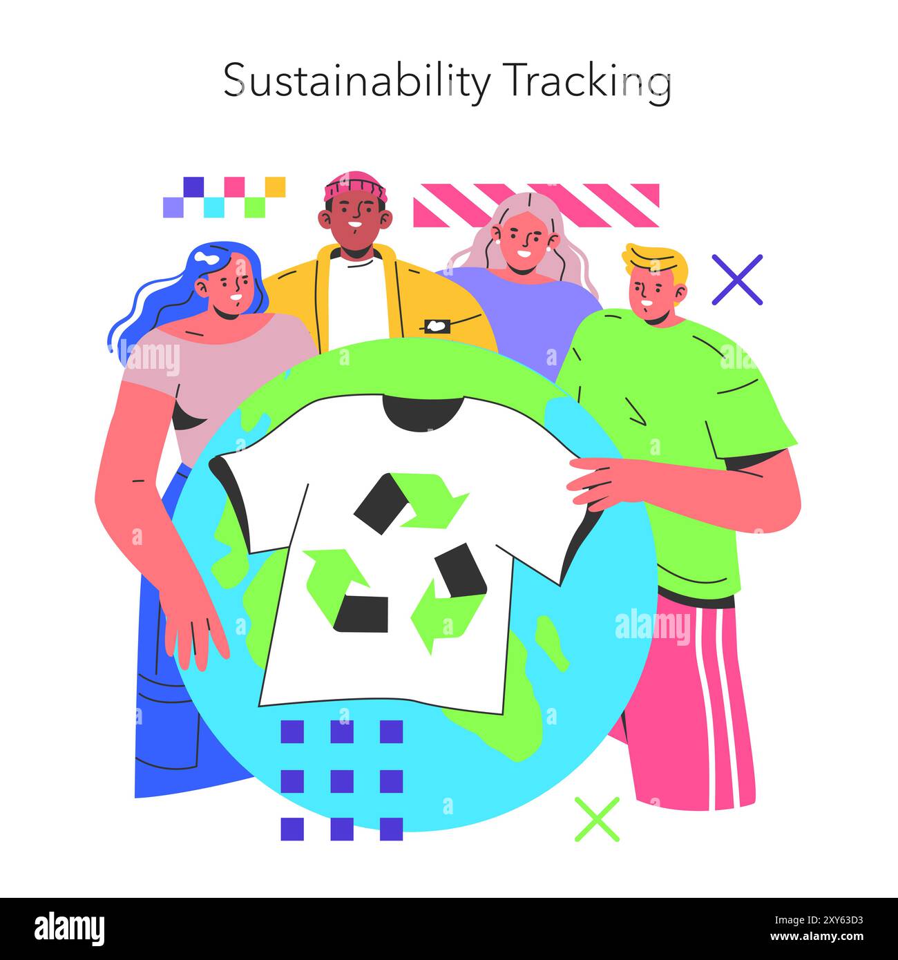 Sustainability Tracking concept. Diverse group of people showcasing eco ...