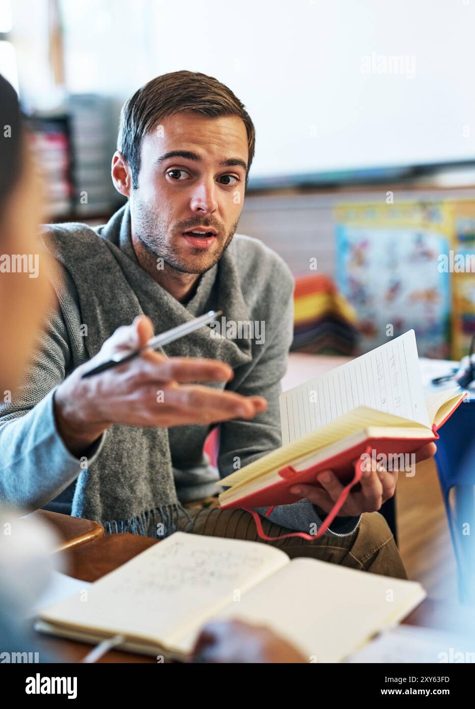 Conversation, students and classroom for group assignment with ...