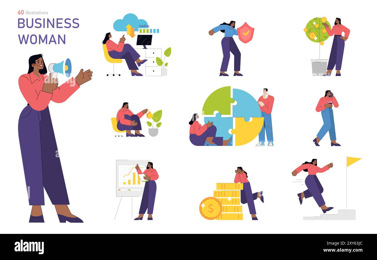 Business Woman set. A diverse collection of activities from leadership ...