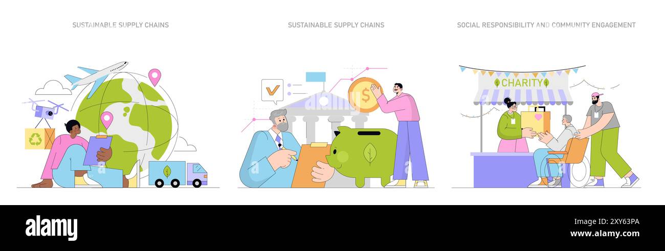 Sustainable ESG Practices set. Eco-friendly logistics, ethical ...