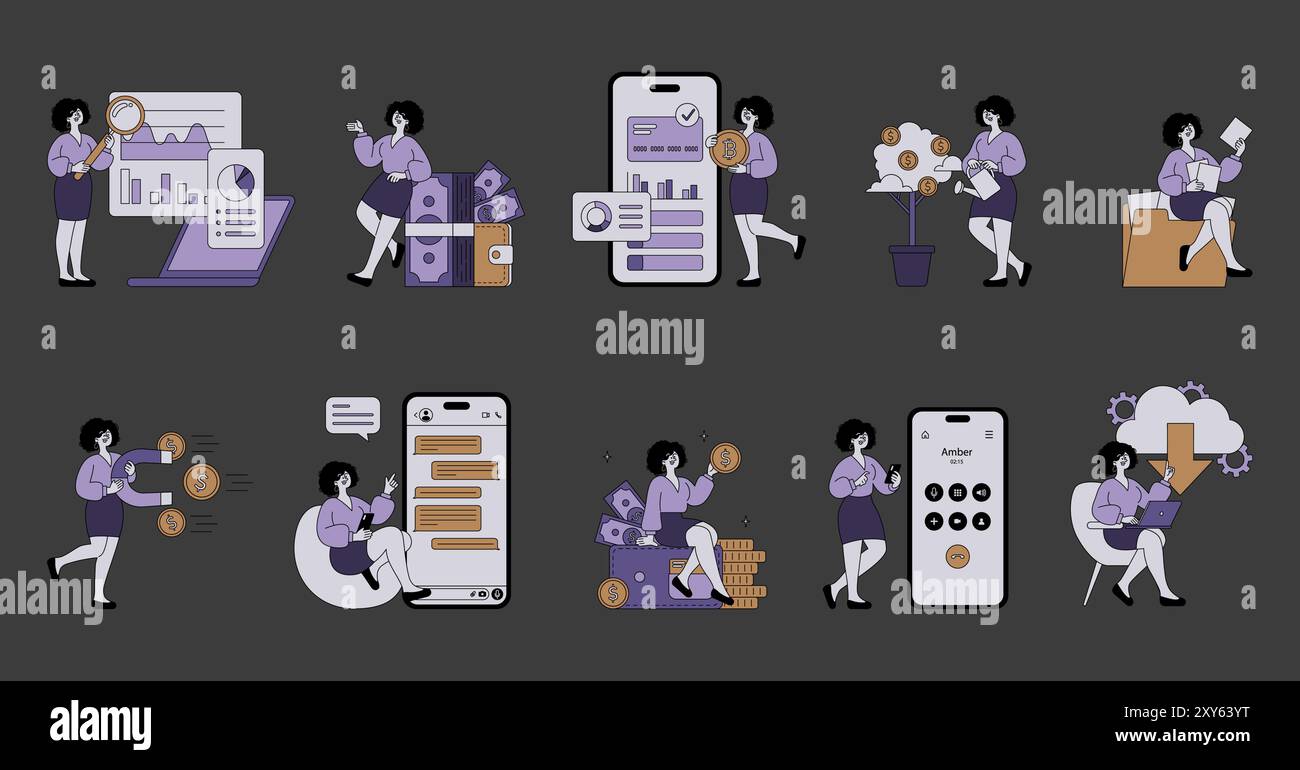 Business People set. Diverse financial activities illustrated by women ...