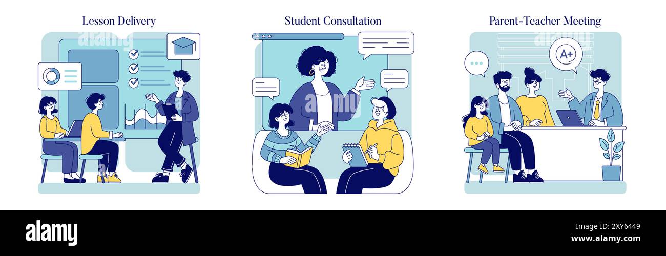 Teacher's Daily Activities set. Illustrating vibrant lesson delivery ...