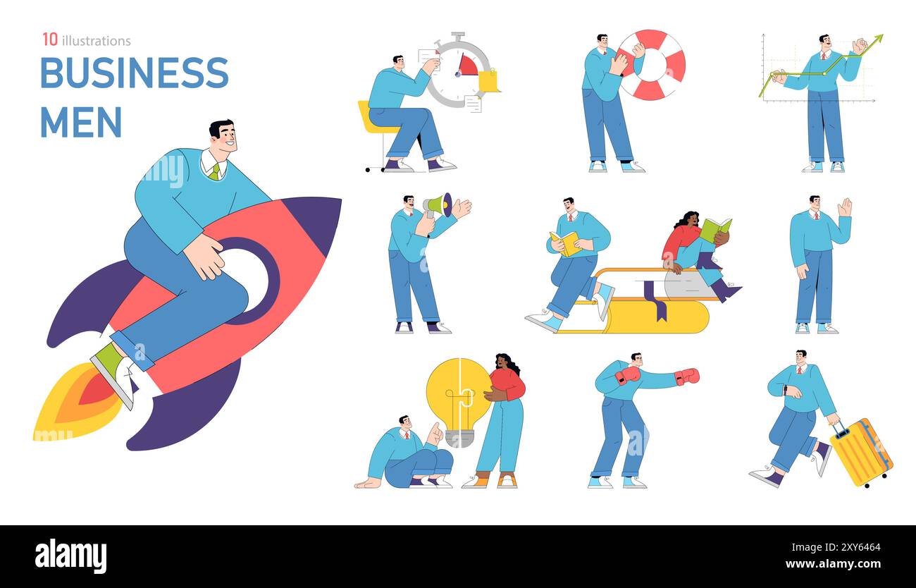 Businessmen set. Dynamic professional men engaging in work activities ...