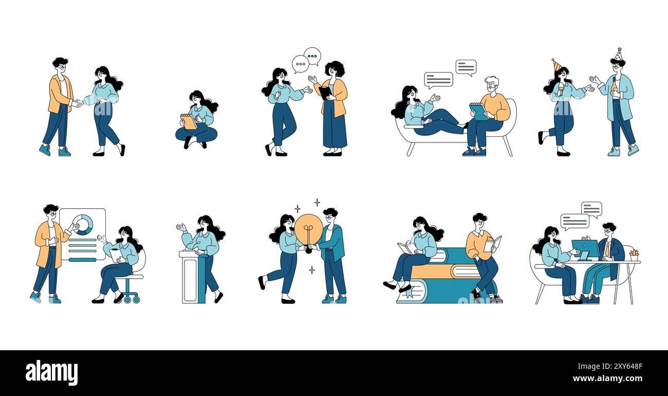Business People set. Illustration of diverse office scenarios with ...