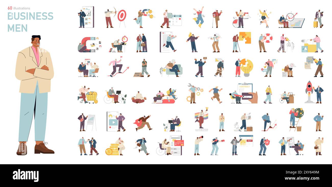 Businessmen set. Various corporate activities and office scenarios ...