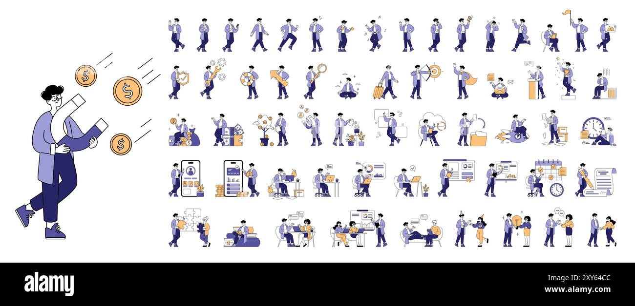 Businessman set. Diverse professional routines and financial activities ...