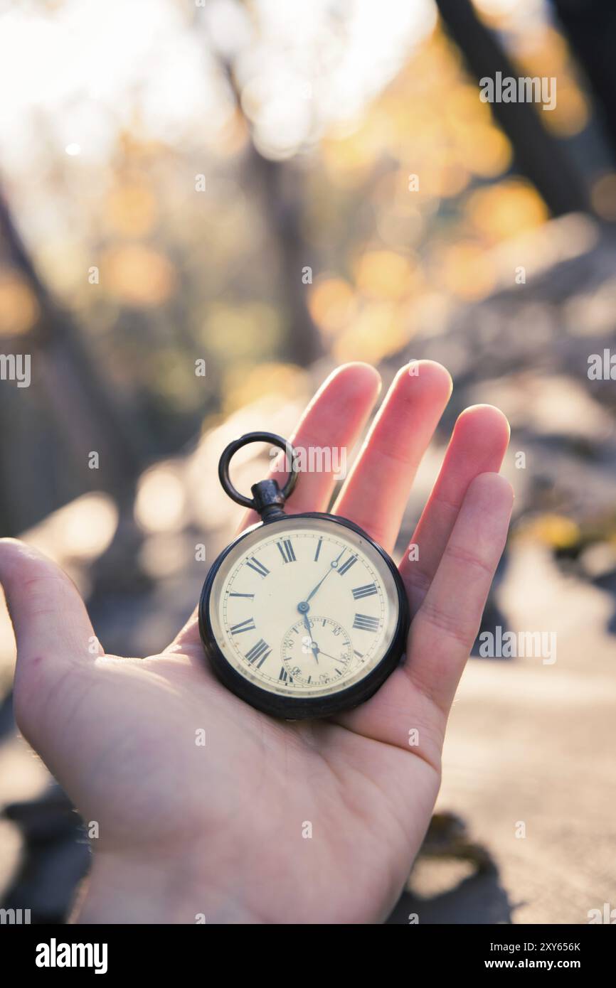 Hand held stop watch outdoors, autumn, blurry background Stock Photo ...