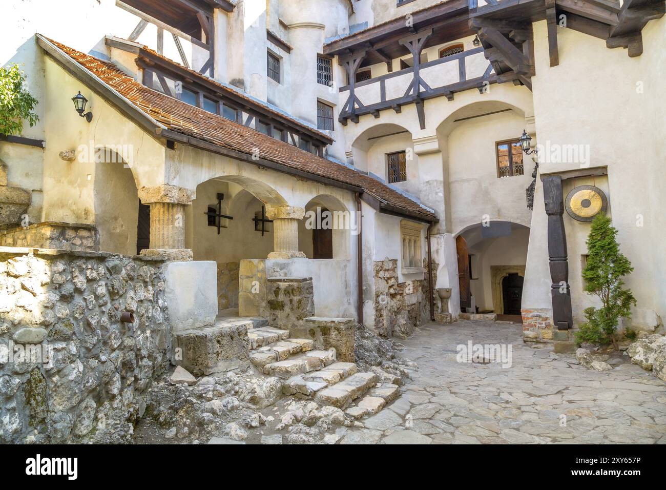 Courtyard close-up view of Dracula castle in Bran, Romania, Europe ...