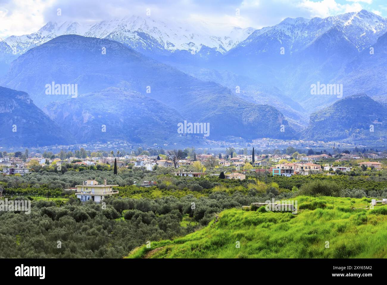 Aerial panoramic view of Sparta city with Taygetus mountains and ...