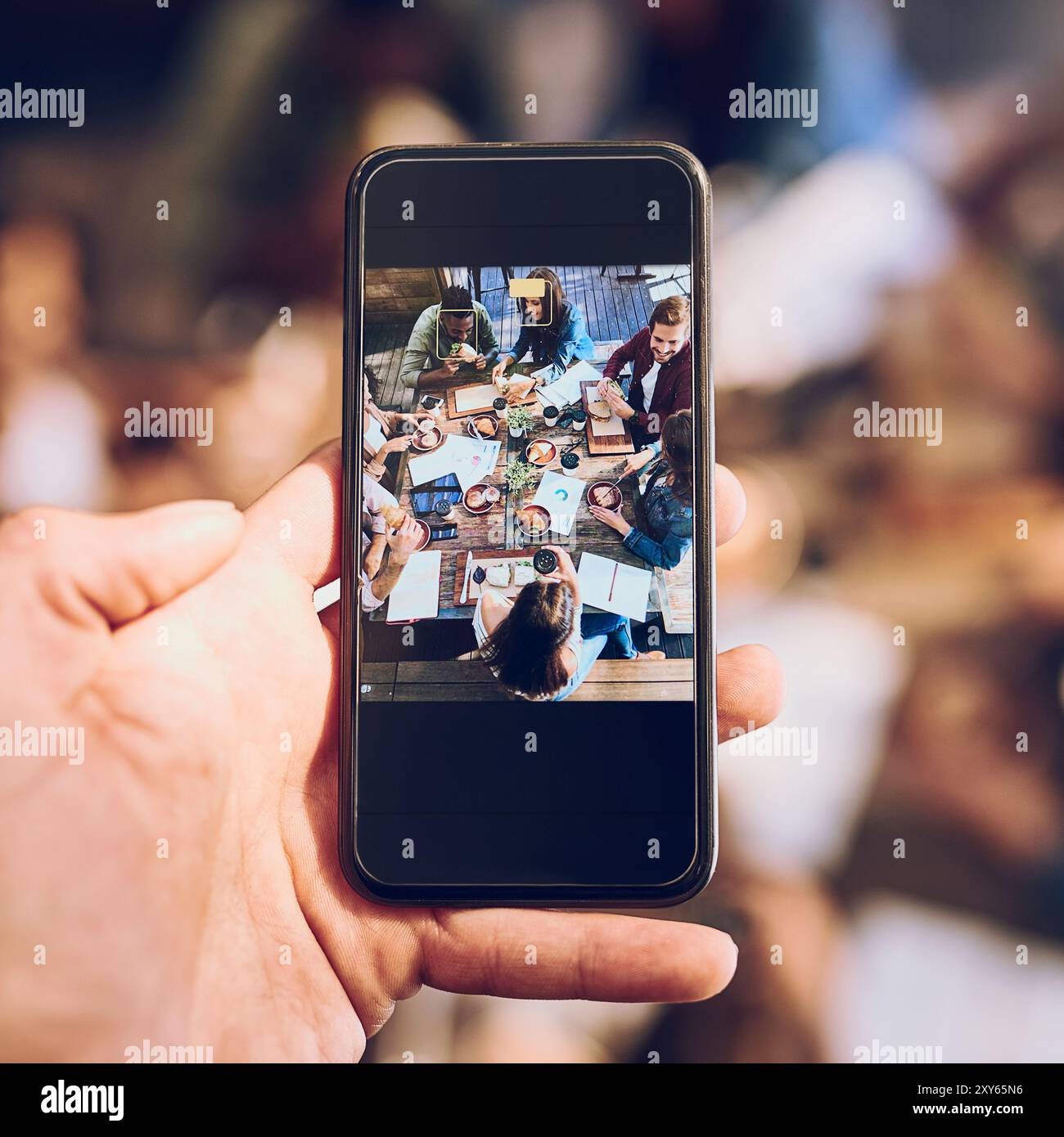 Business lunch, people and phone screen for cafe picture, conversation ...