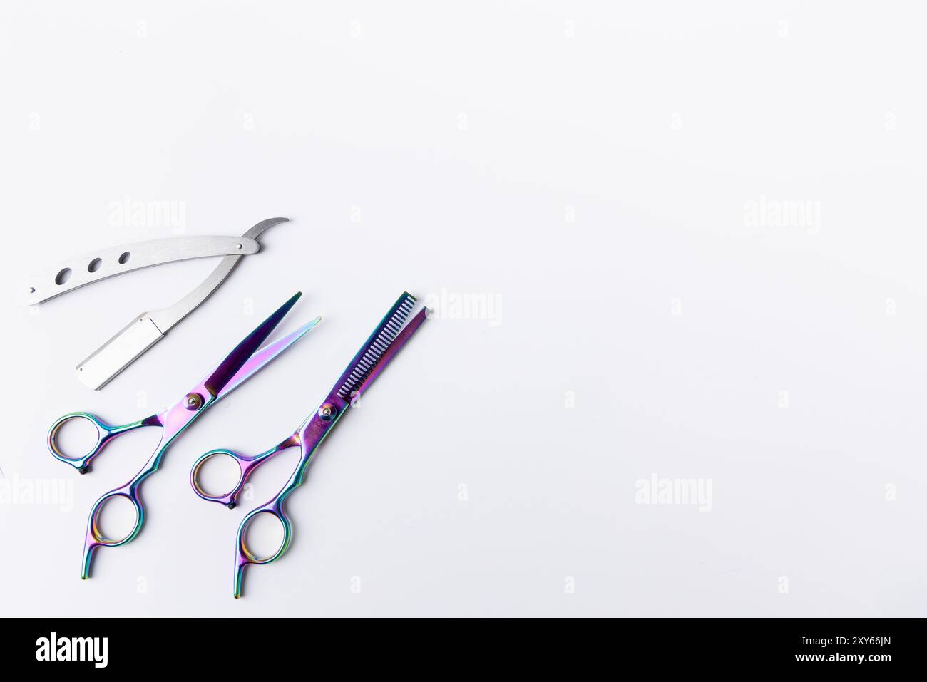 Professional grooming tools, including scissors and a razor, displayed ...