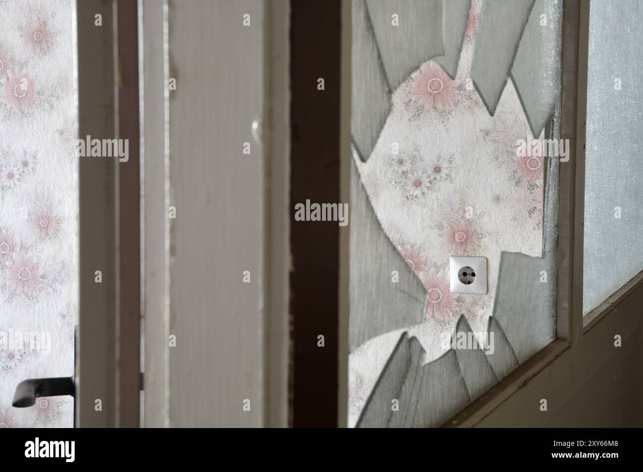 Destroyed window pane in an abandoned office building Stock Photo - Alamy