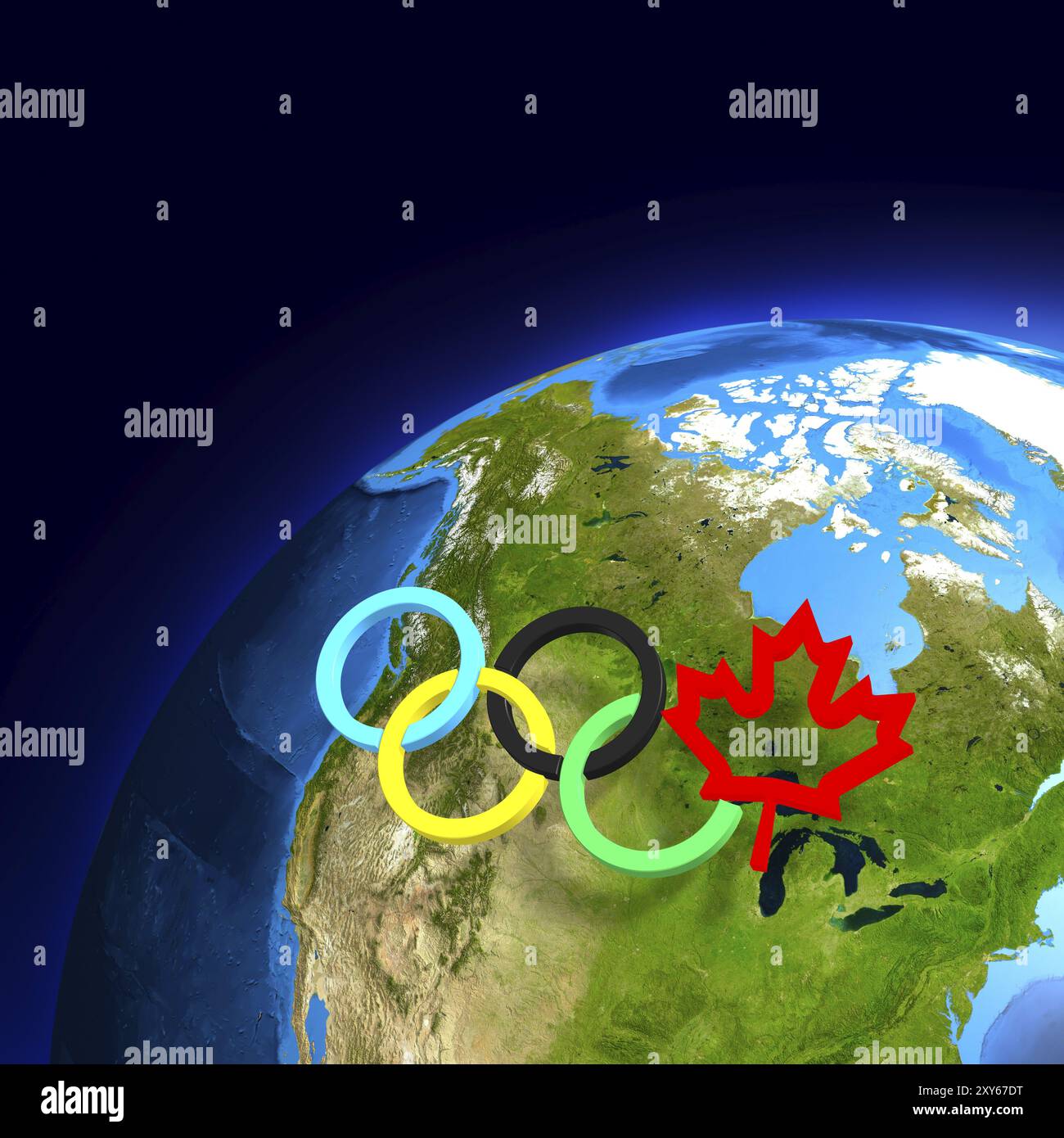 Olympic rings above Canada on the Earth globe. Vancouver 2010 concept ...