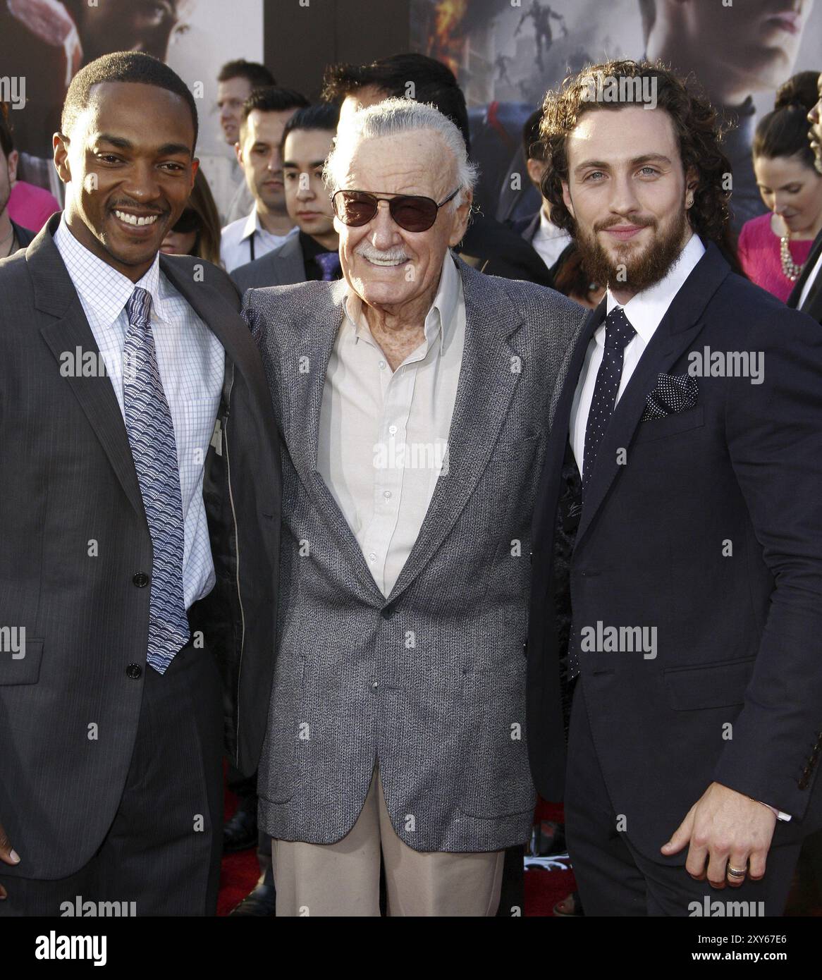 Anthony Mackie, Stan Lee and Aaron Taylor-Johnson at the World premiere ...