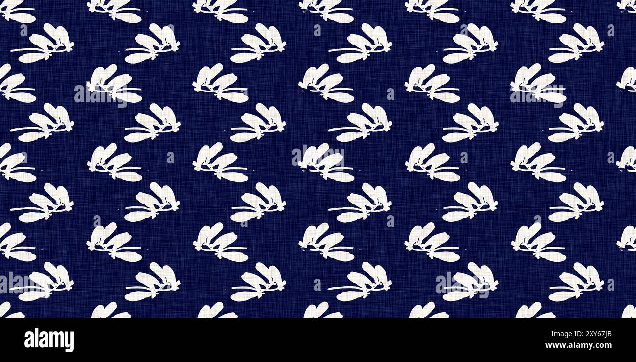 Indigo denim blue leaf motif seamless border. Japanese dye batik fabric ...