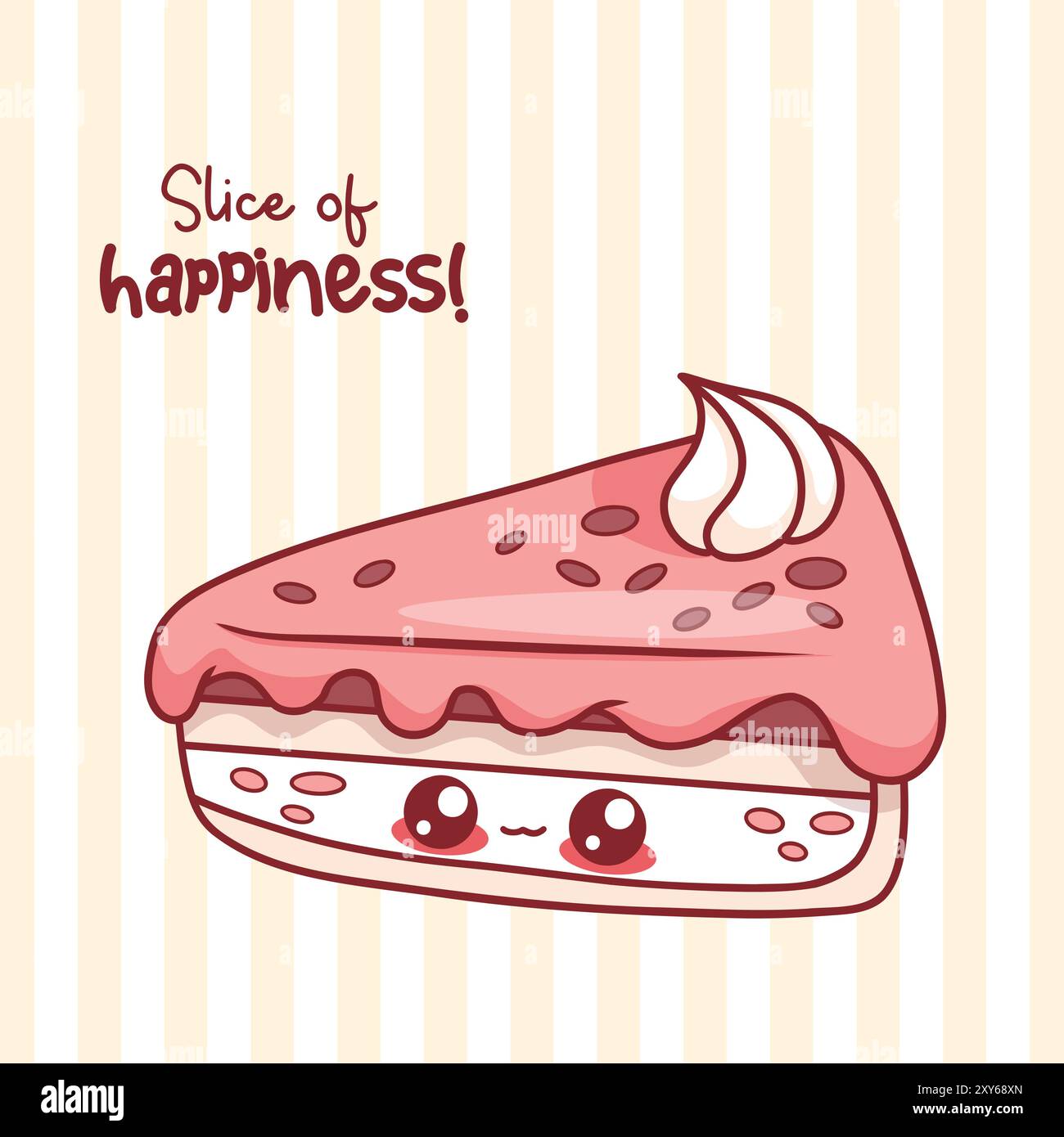 Piece cake. Festive dessert with cream and glaze drops. Card with cute ...